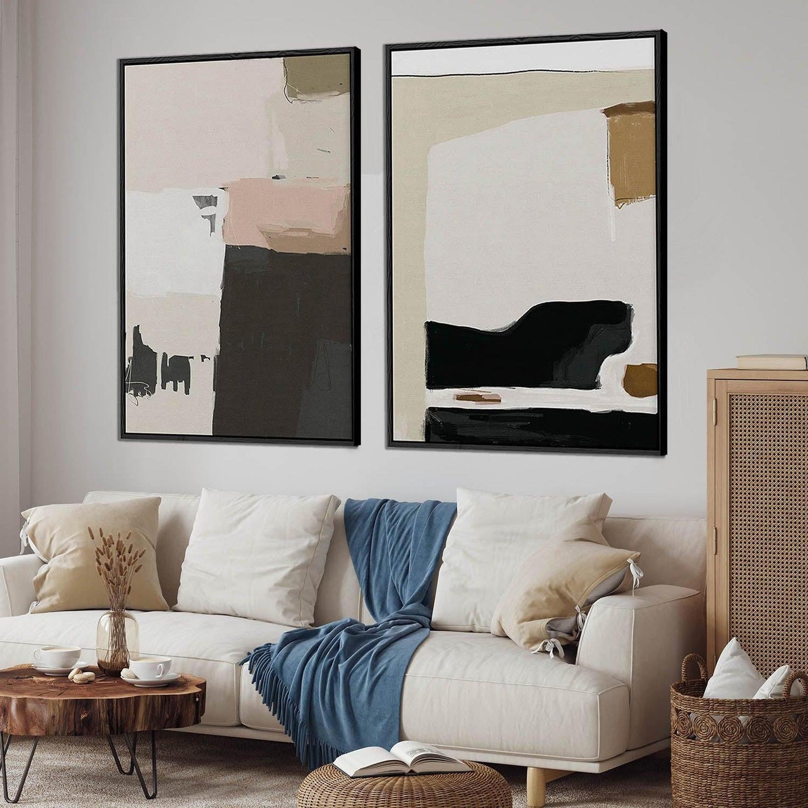 Abstract Pastel Beige Framed Canvas Set Large Art Print