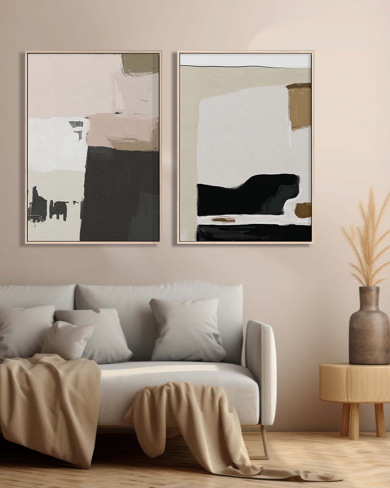 Abstract Pastel Beige Framed Canvas Set Large Art Print