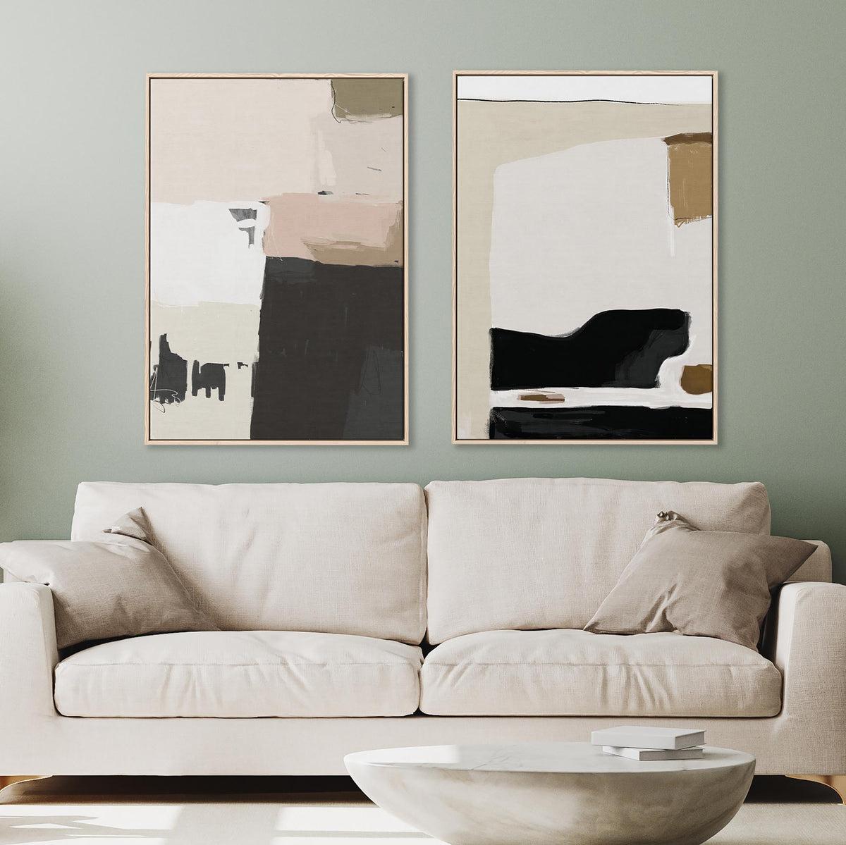 Abstract Pastel Beige Framed Canvas Set Large Art Print